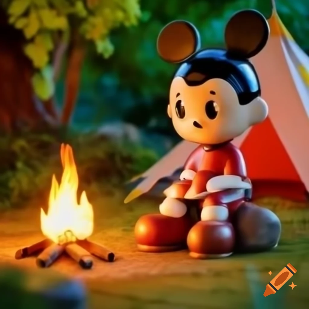 Whimsical ceramic figure of Astro Boy and Mickey Mouse by a tent and ...