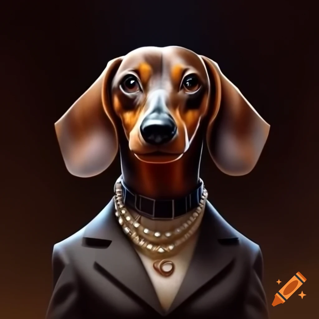 Confident dachshund dressed in pearls and fashionable attire with a ...