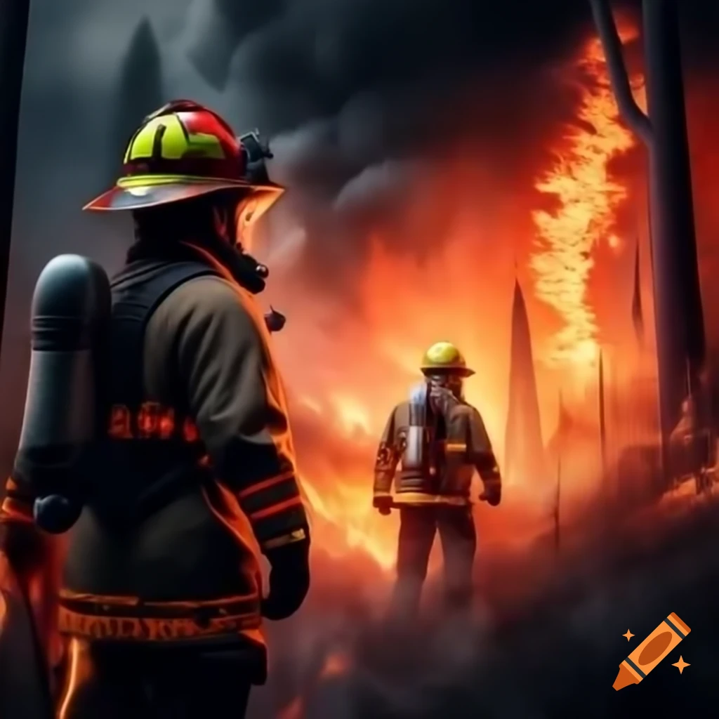 Firefighters battling massive forest fire with flames and smoke on Craiyon