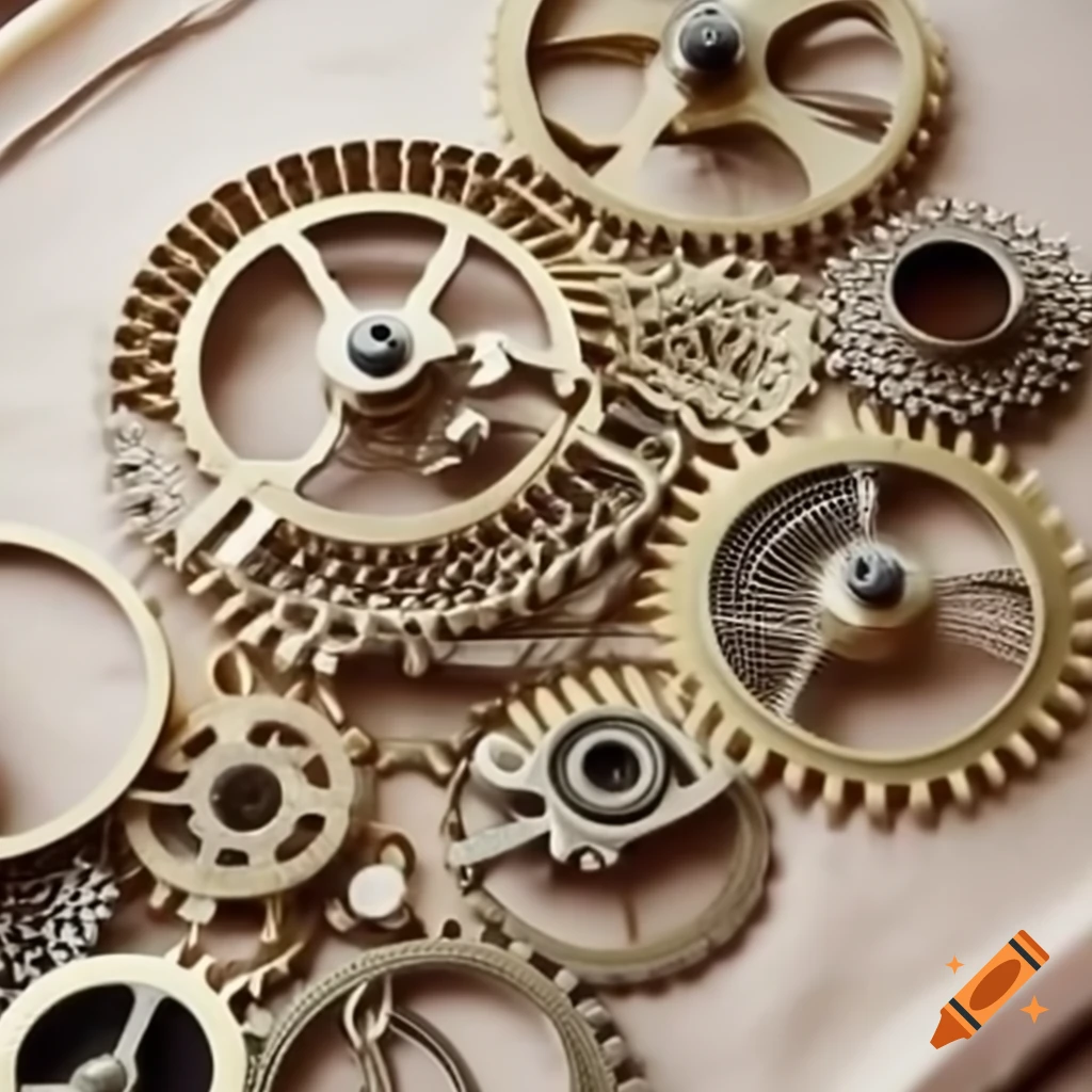 Intricate embroidery of clockwork gears in brass and bronze threads on ...