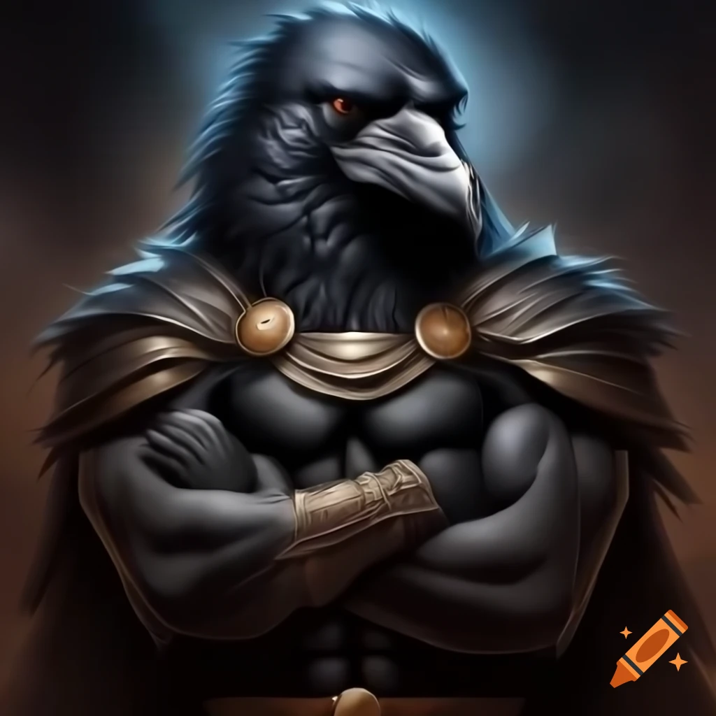 Muscular anthropomorphic crow in warrior outfit with crossed arms on ...
