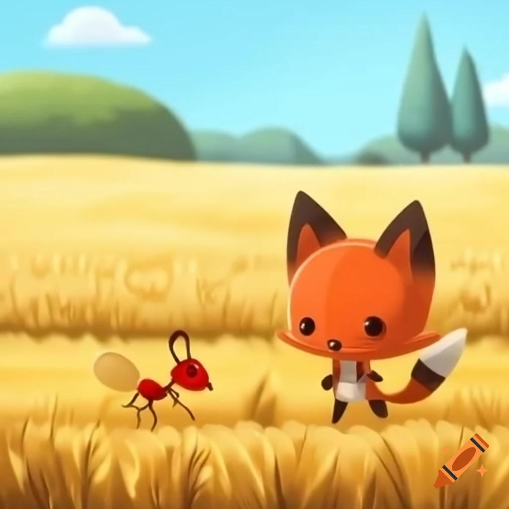Cartoon fox and ant walking in sunny wheat field on Craiyon