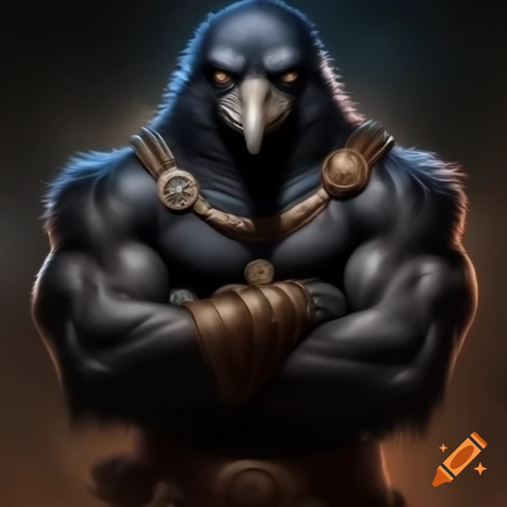 Muscular anthropomorphic crow dressed in a warrior outfit, exuding ...