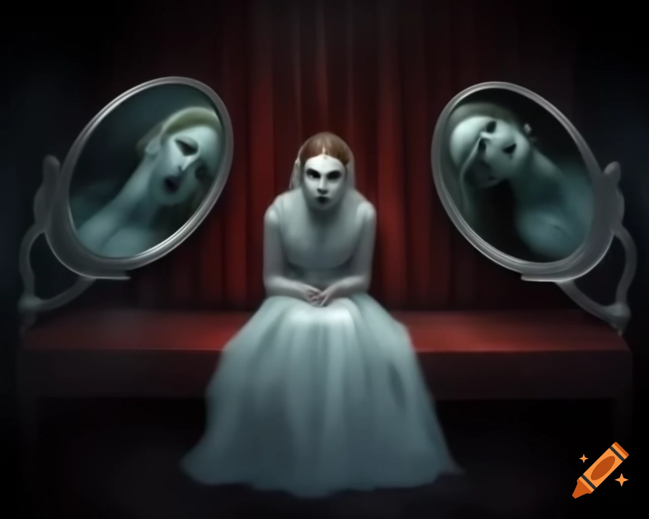 Dark horror scene inspired by Silent Hill with mirrors and a girl in ...