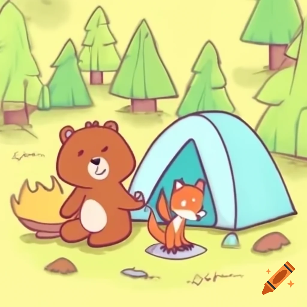 Bear, puppy, and fox enjoying camping together on Craiyon
