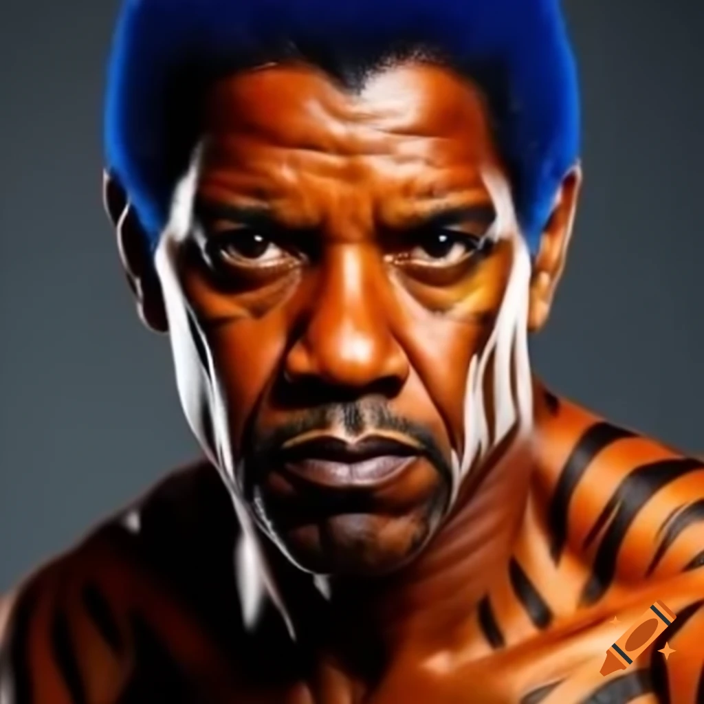 Muscular actor with tiger-style makeup featuring blue hair and orange ...