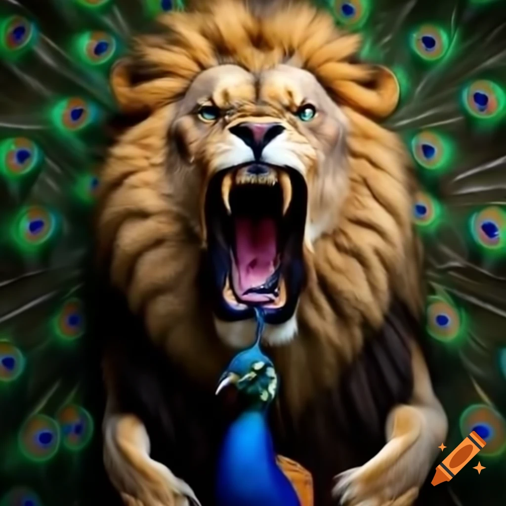 Lion roaring at peacock in a dramatic wildlife scene on Craiyon