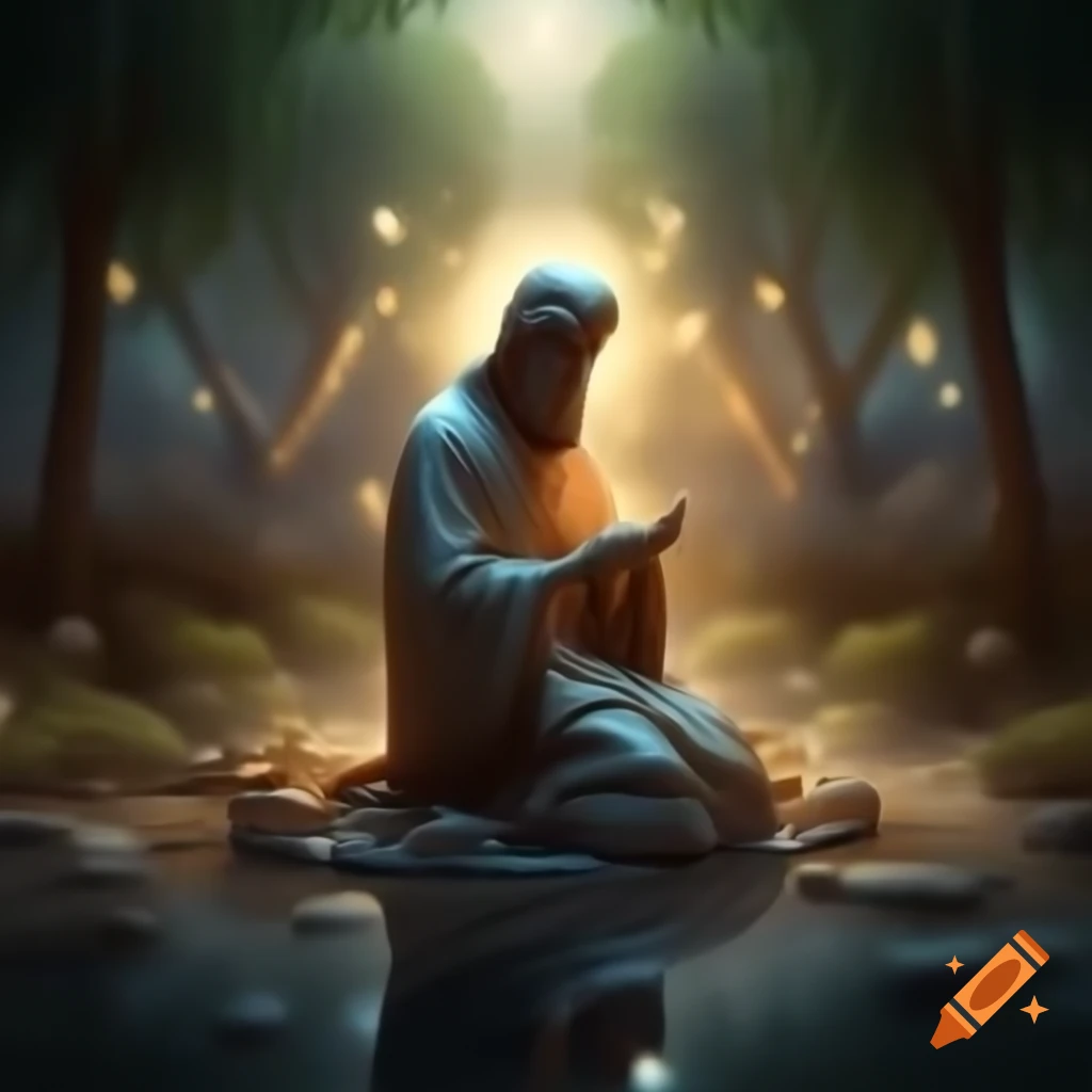 Clay figure of Prophet Adam surrounded by trees and angels in paradise ...