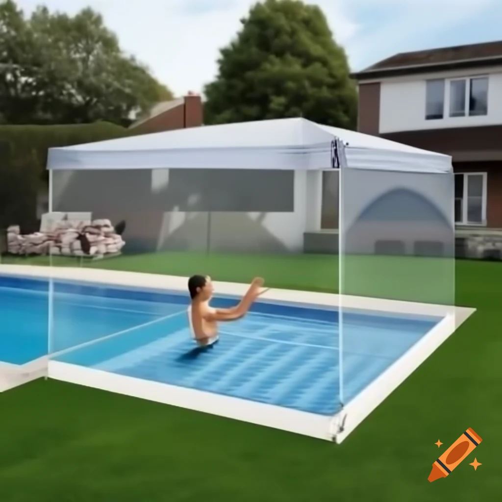 Concept of transparent square tent over residential pool for winter use ...