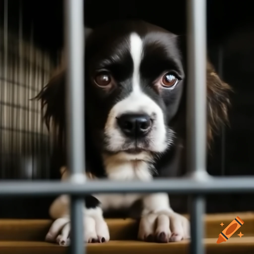 Sad shelter dog with beautiful eyes promoting adoption on Craiyon
