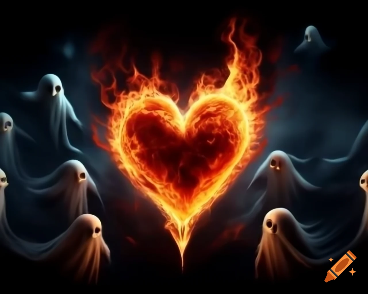 Flaming heart breaking apart with dark ghosts and winds in the ...