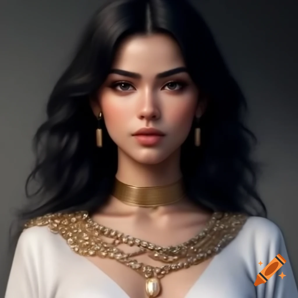 Realistic portrait of a queen in a white dress with gold jewelry and ...