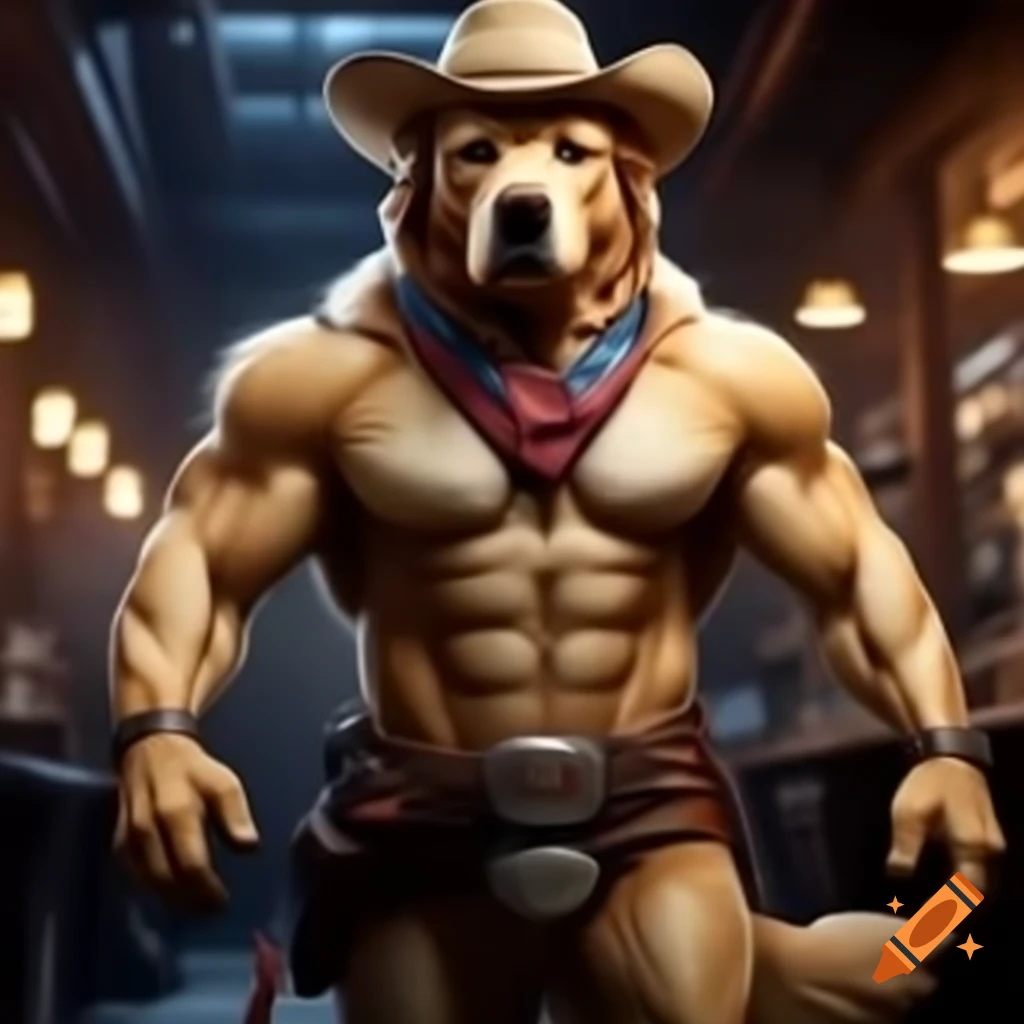 Anthropomorphic muscular golden retriever cowboy in a saloon on Craiyon