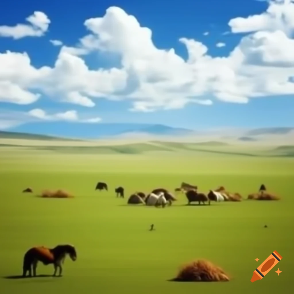 Traditional Mongolian ger on green steppe with grazing horses and blue sky on Craiyon