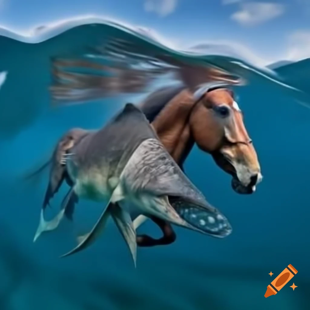 Realistic horse with fish head and scales swimming in the sea on Craiyon
