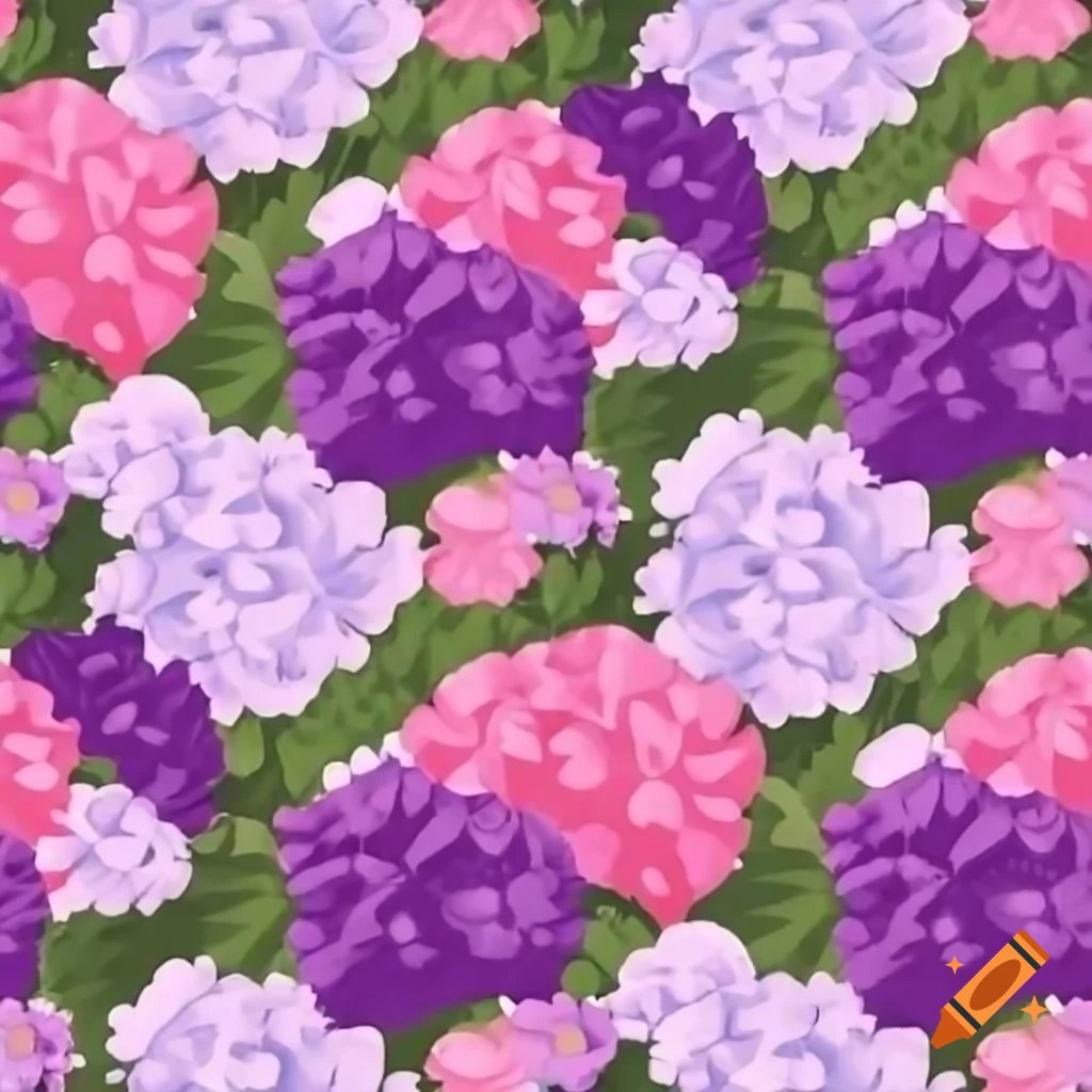 Seamless pattern of pink and purple hydrangeas with cute details on Craiyon