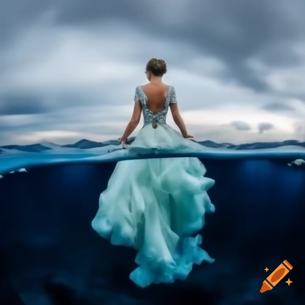 Water princess ascending among ocean waves under cloudy sky on Craiyon