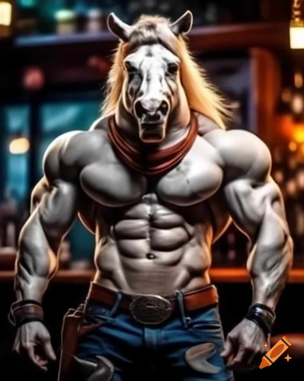 Muscular anthropomorphic white stallion in cowboy outfit standing ...