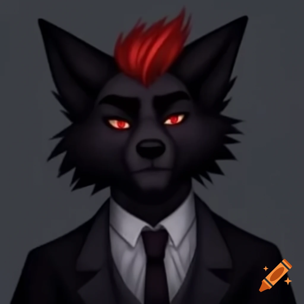 Anthro wolf representation of Odin with red mohawk and suit on Craiyon