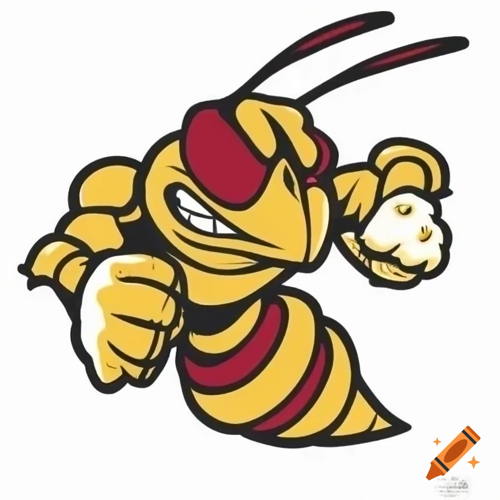 Detailed college sports mascot logo of a gold fighting hornet with red ...