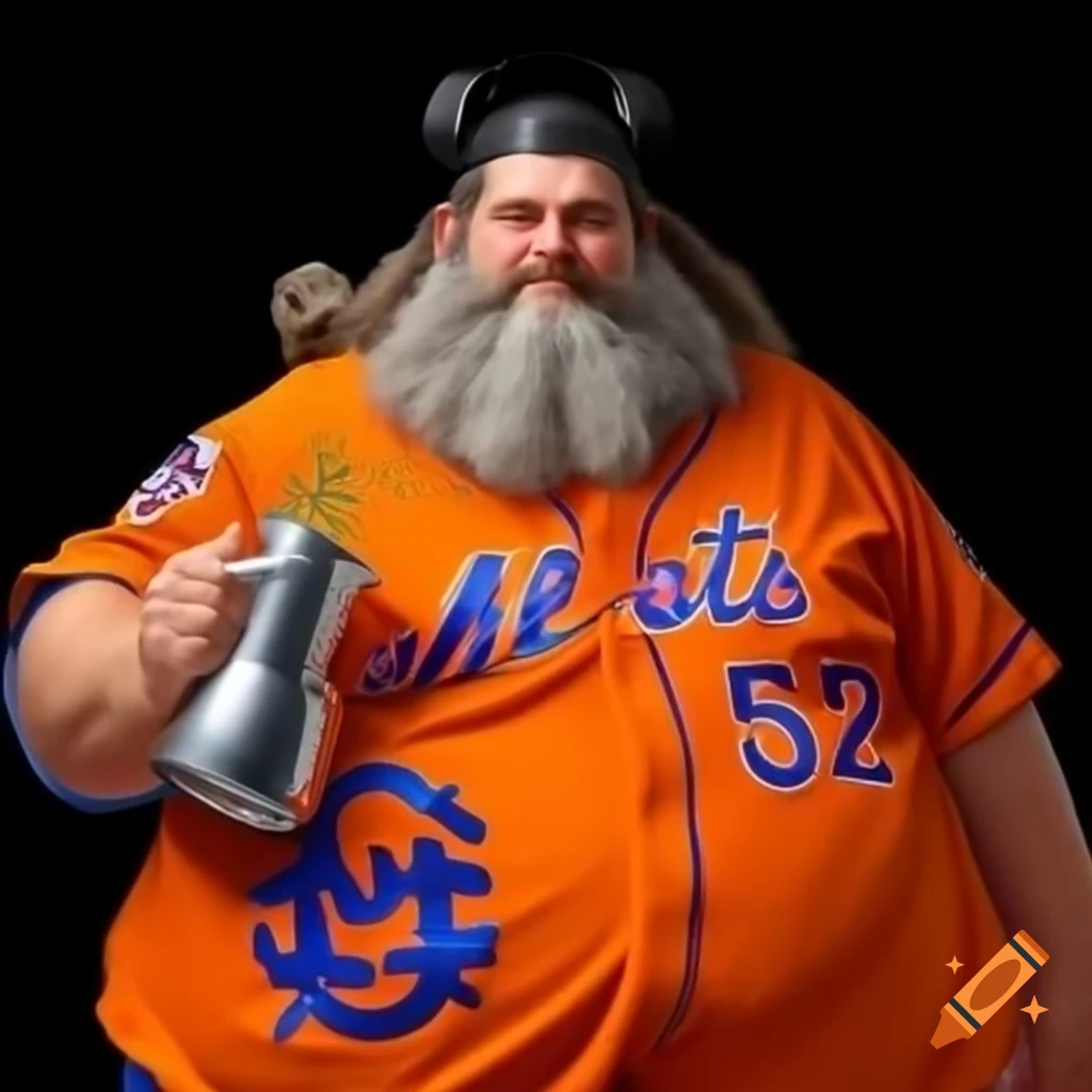 Man in orange Mets jersey enjoying a drink from a large jug on Craiyon