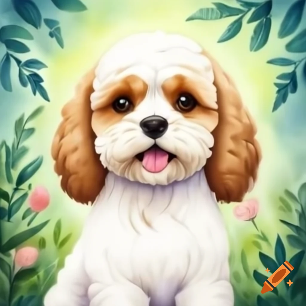 Watercolor painting of Jesus Christ petting a cheerful cavapoo in a ...