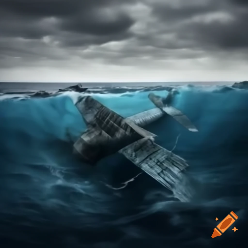 Old airplane sinking into the ocean with a horror theme on Craiyon