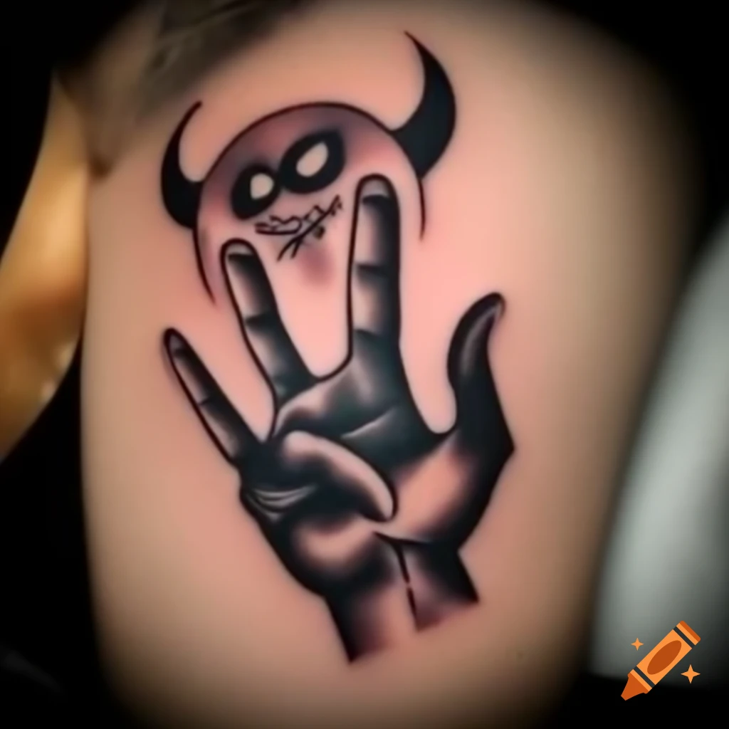 Tattoo of a cartoon devil making a peace sign with a humorous style on ...