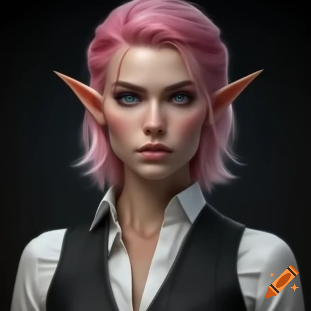 Photorealistic female elf with pink and blonde short hair, dressed in a ...