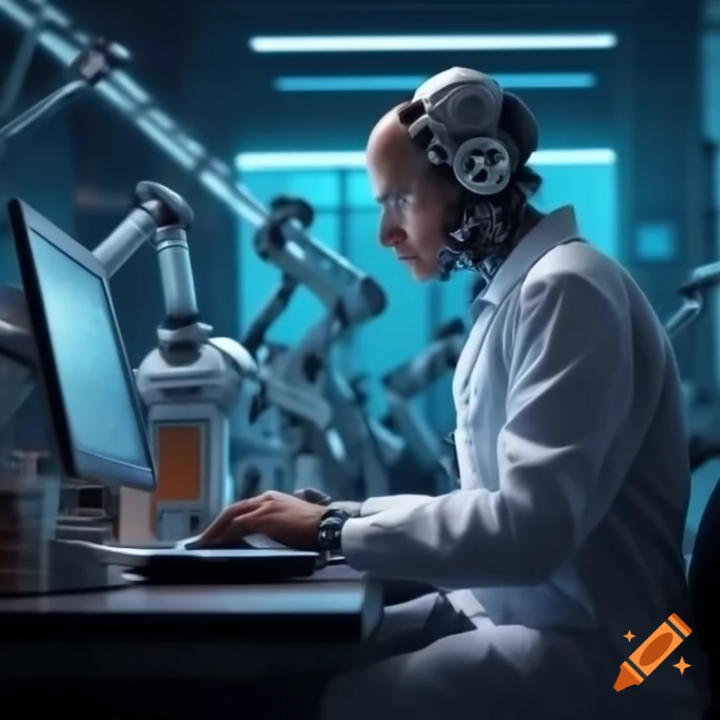 Mad scientist laboratory featuring computer programming and robotic AI ...
