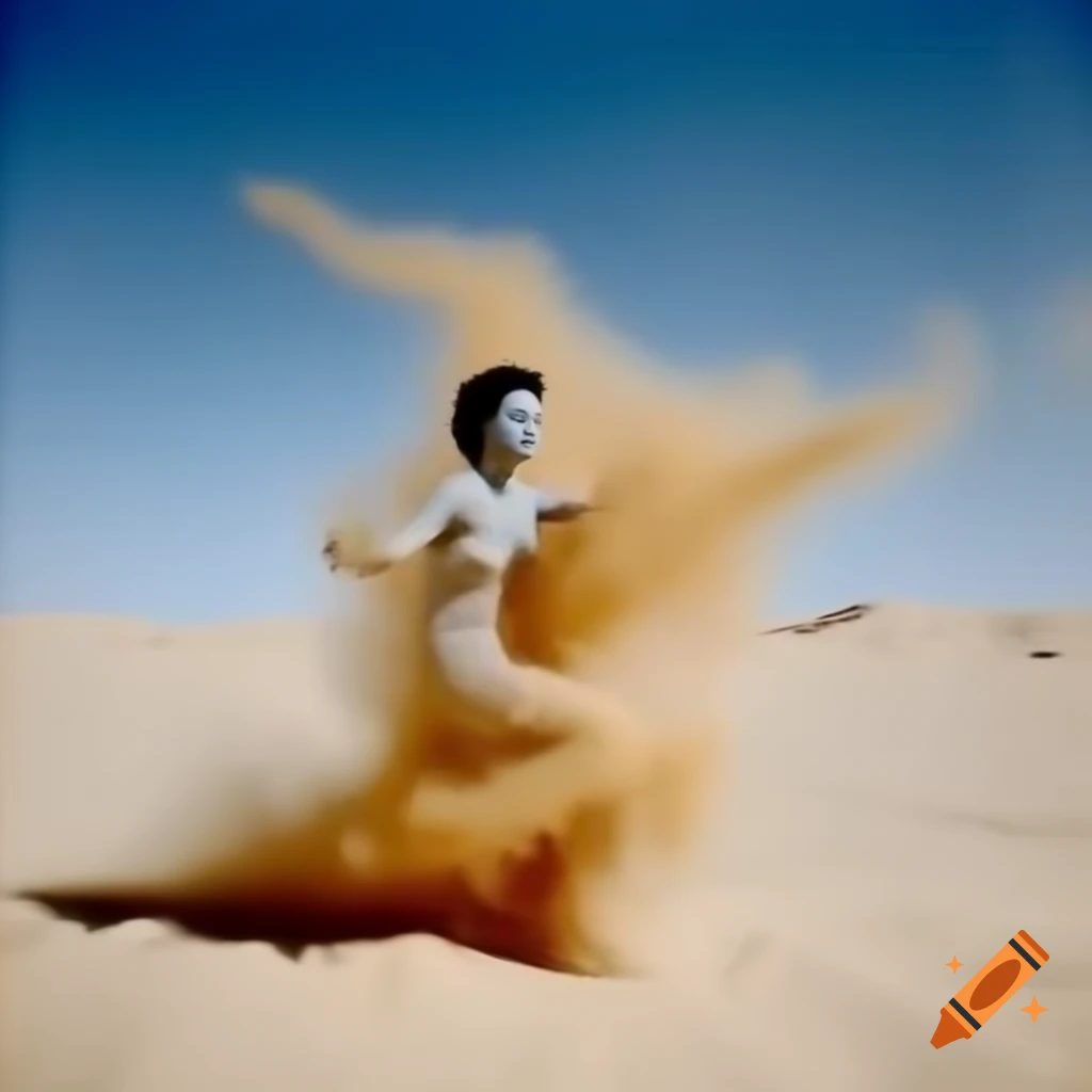 Woman dancing with dust in desert, ghost faces in sand, Archimboldo and ...