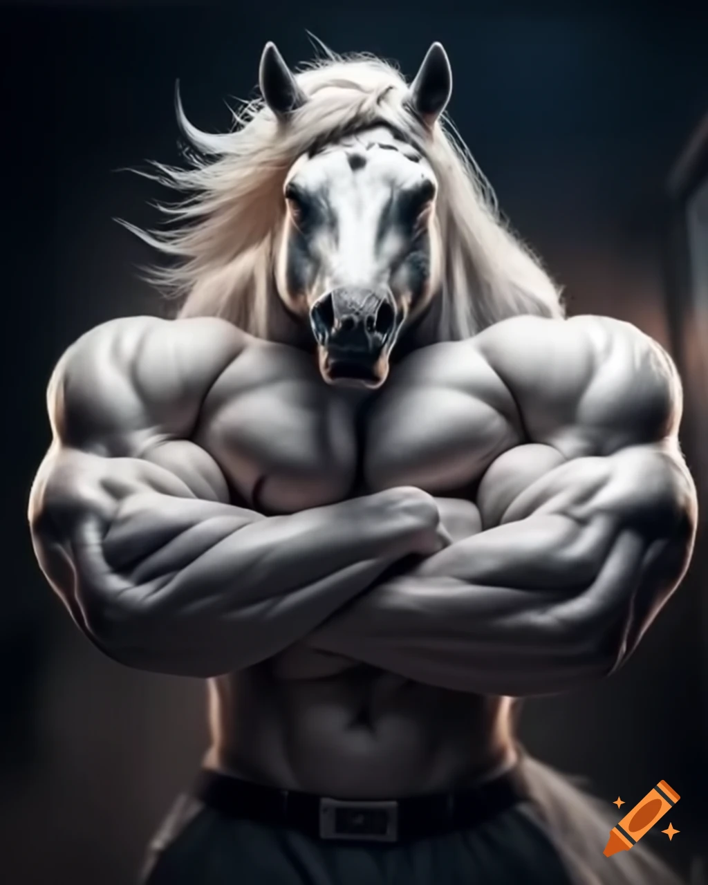 Muscular anthropomorphic white stallion in sporty outfit with arms ...