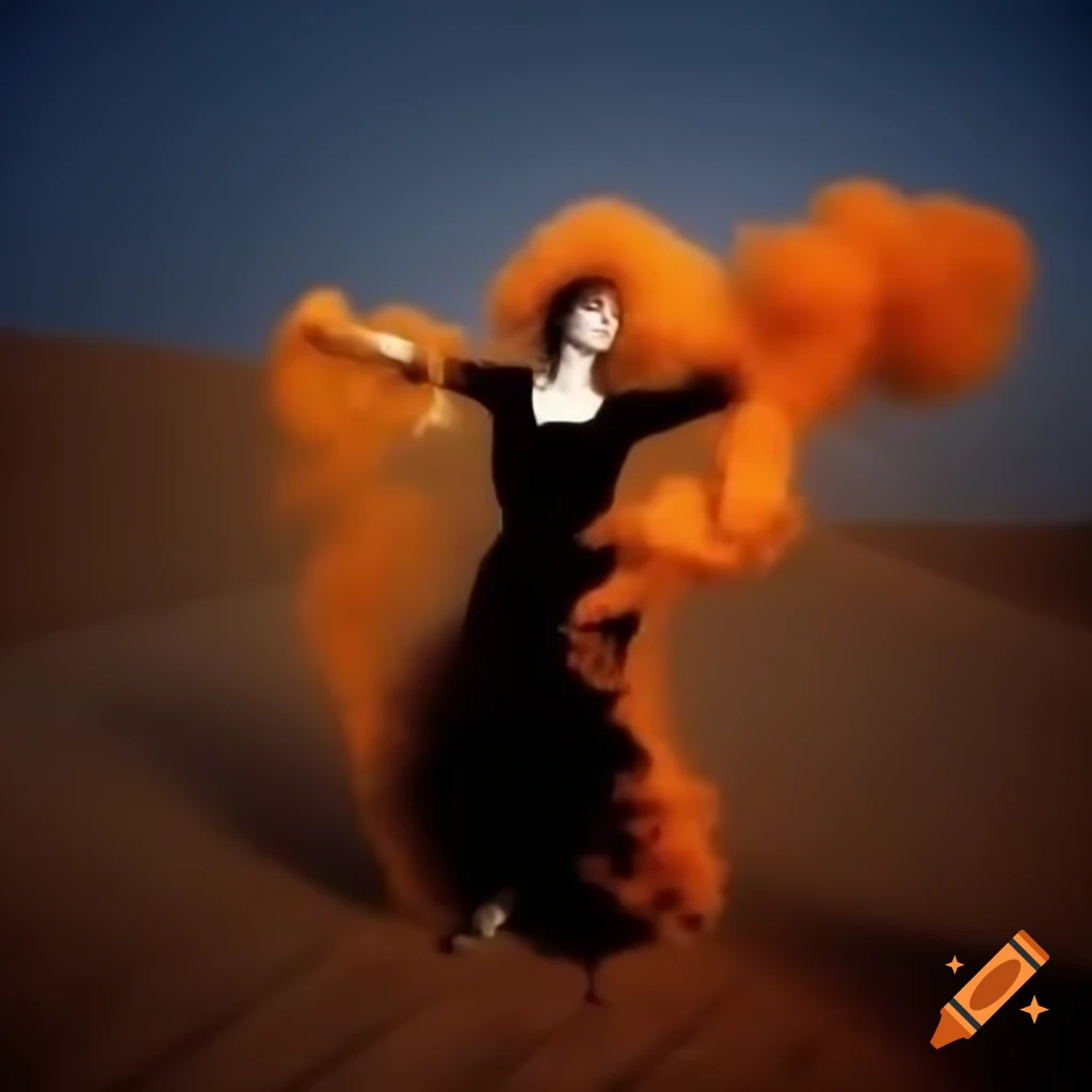 Woman dancing amidst flames and desert dust with hidden ghost faces ...