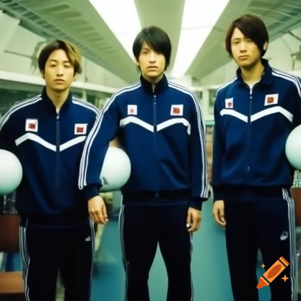 Three Japanese men in tracksuits holding a ball on a train on Craiyon