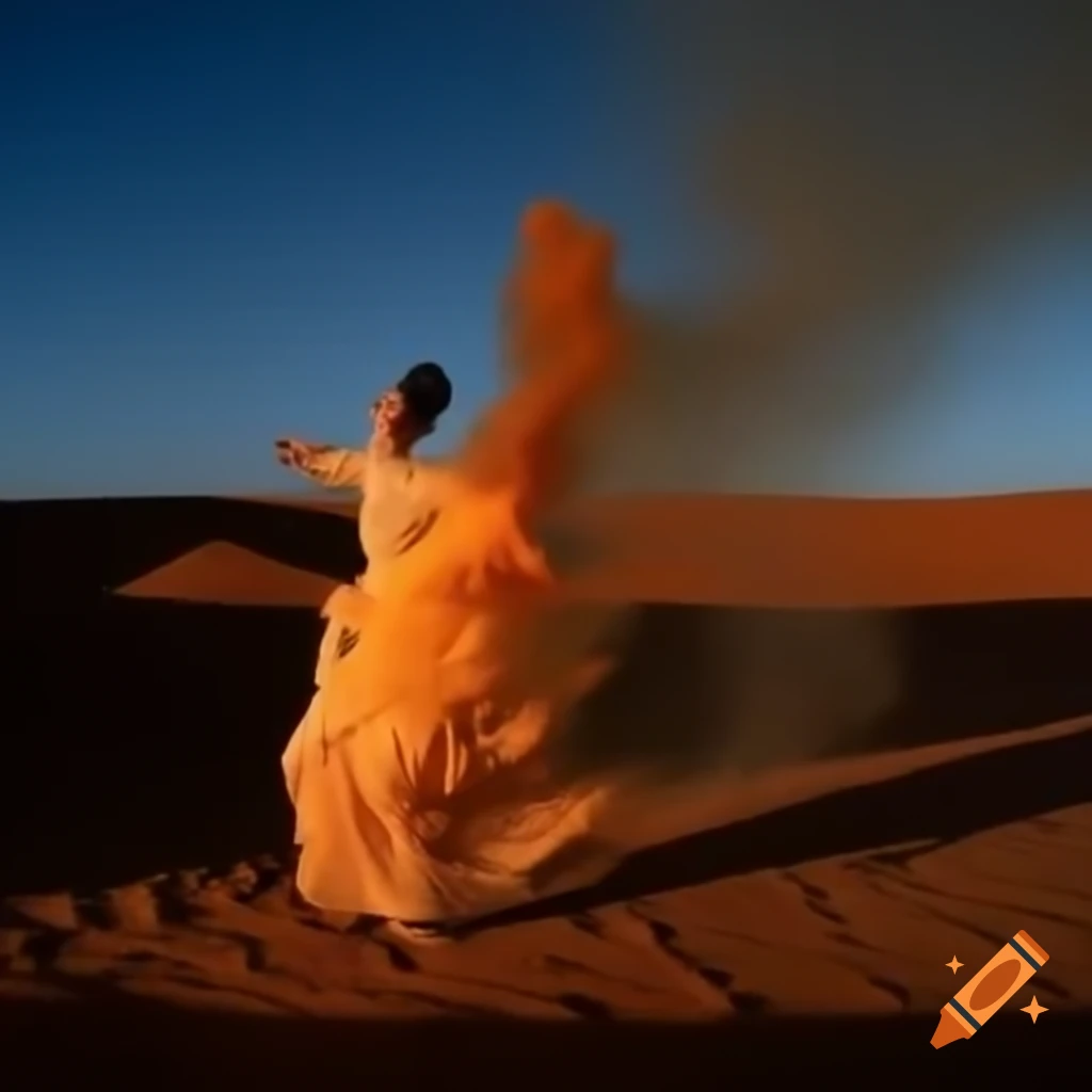 Woman dancing amidst flames and desert dust with hidden ghost faces ...