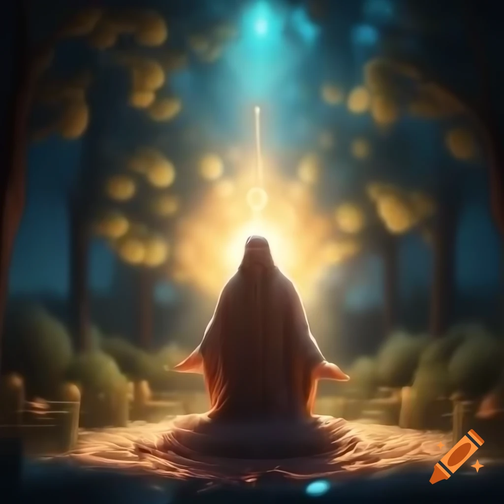 Clay figure of Prophet Adam surrounded by trees and angels in paradise ...