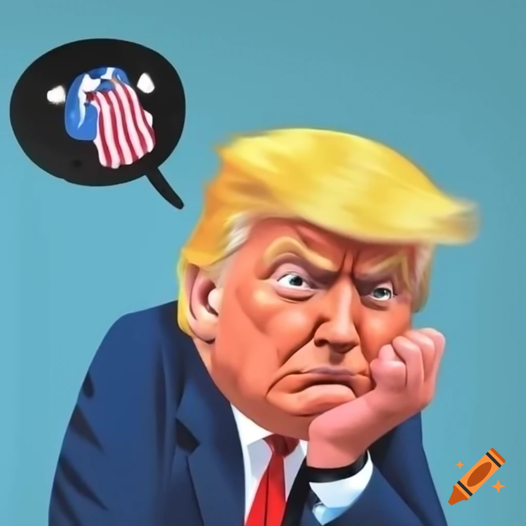 Cartoon-style Donald Trump looking sad with teary eyes and dramatic expression on Craiyon