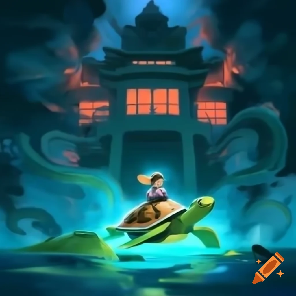 Angry turtle in Japanese clothes pulling child underwater to glowing ...