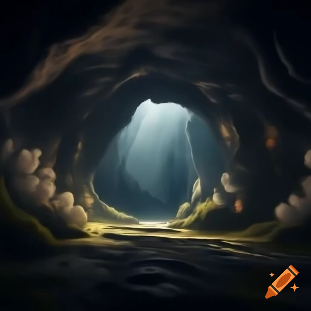 Dark cave entrance with glowing golden text 'The Secret of Spring' and ...