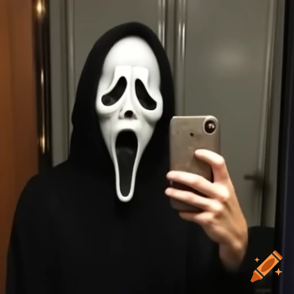 Ghost Face character taking a selfie in front of a mirror on Craiyon