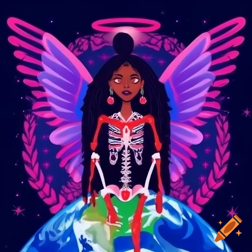 Half skeleton half human African American woman with colorful wings ...