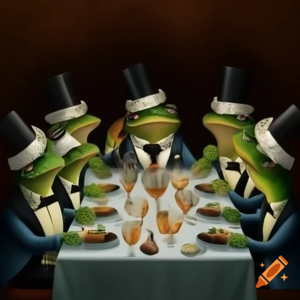 Frogs in suits and hats enjoying a formal dinner with champagne on Craiyon