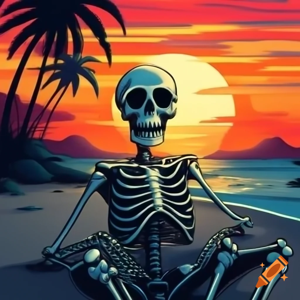 Skeleton in sunglasses at tropical sunset with palm trees on Craiyon