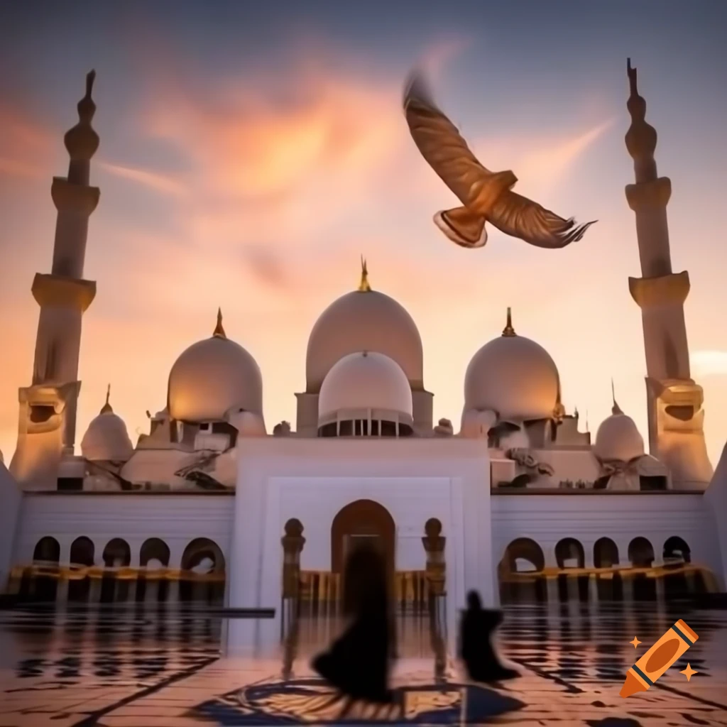 Sheikh Zayed Mosque at sunset with falcon and Arabic calligraphy on Craiyon