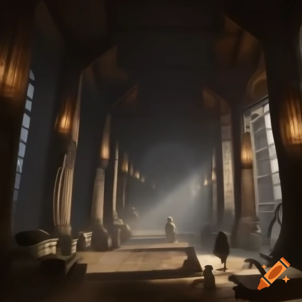 Hunters guild hall with wooden pillars, lanterns, and hunters ...