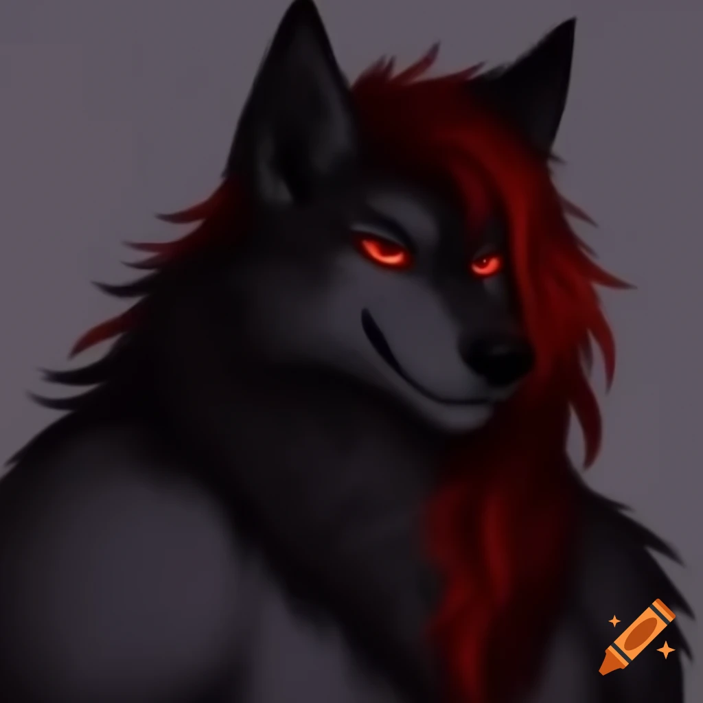 Anthro wolf with red hair and eyes, dark gray chest fur on Craiyon