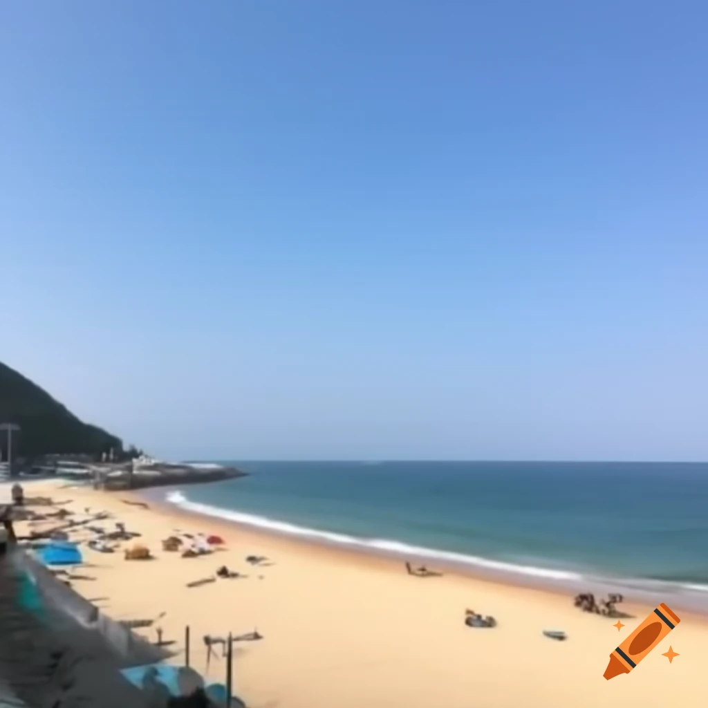 Sandy beach in Busan, South Korea with colorful umbrellas and clear sky ...