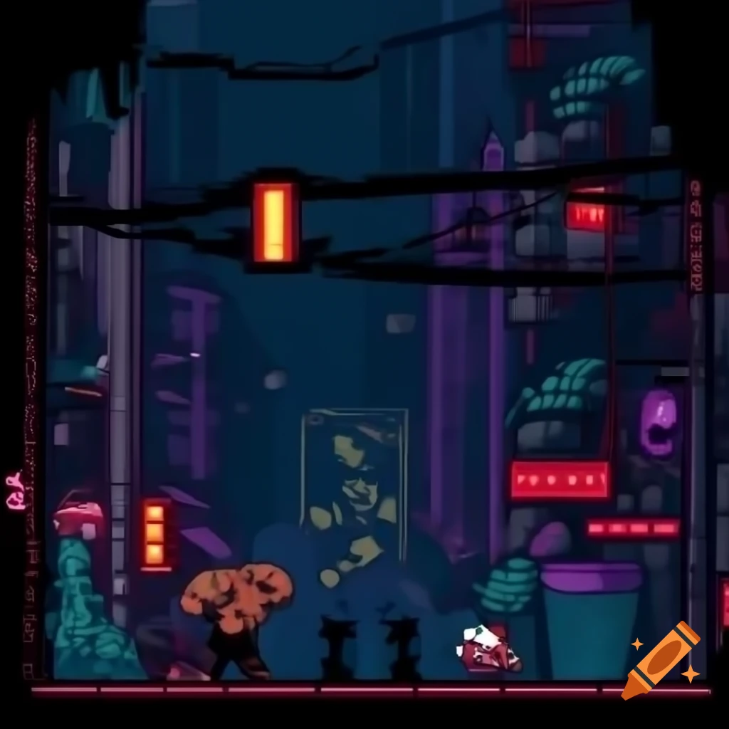 16-bit pixel art urban street at night with neon signs and graffiti on ...
