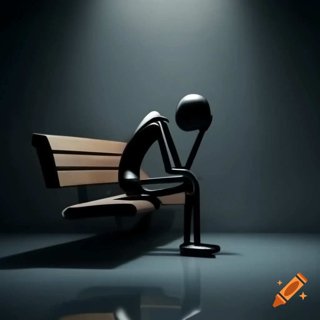 Minimalist black stick figure sitting on a bench with sad posture ...