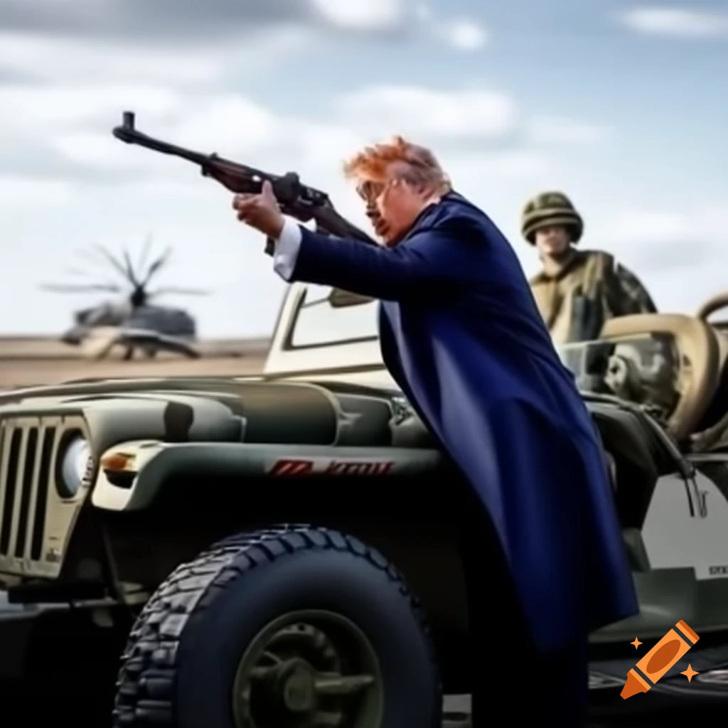 Donald Trump driving military Jeep on battlefield holding a gun on Craiyon